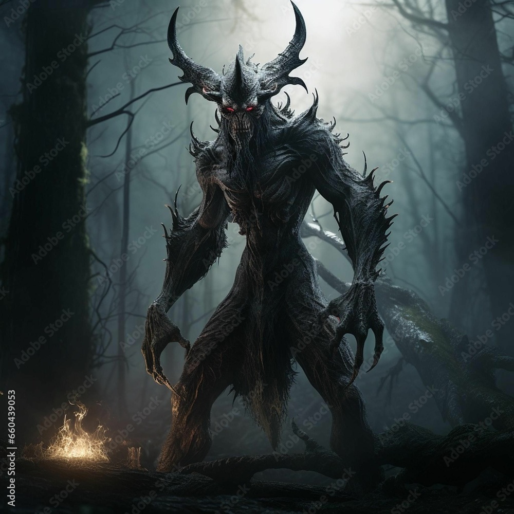 AI generated illustration of a devilish creature standing in a dark ...