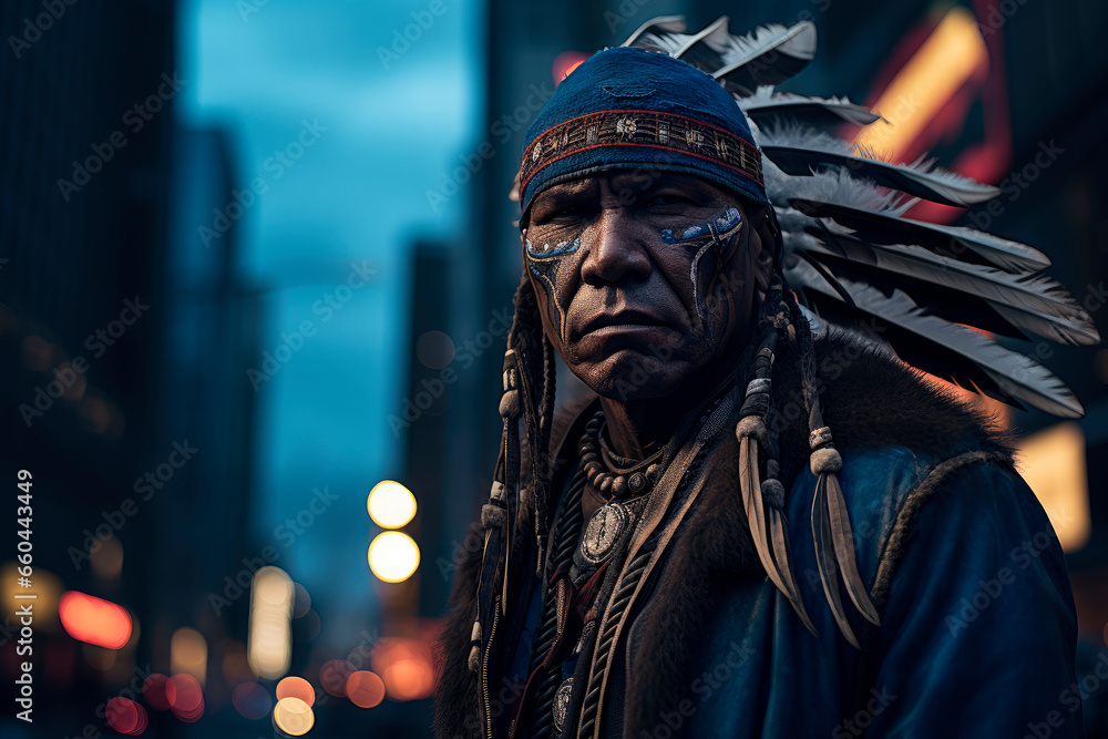 Native american indian on the night city lights background Stock Photo ...