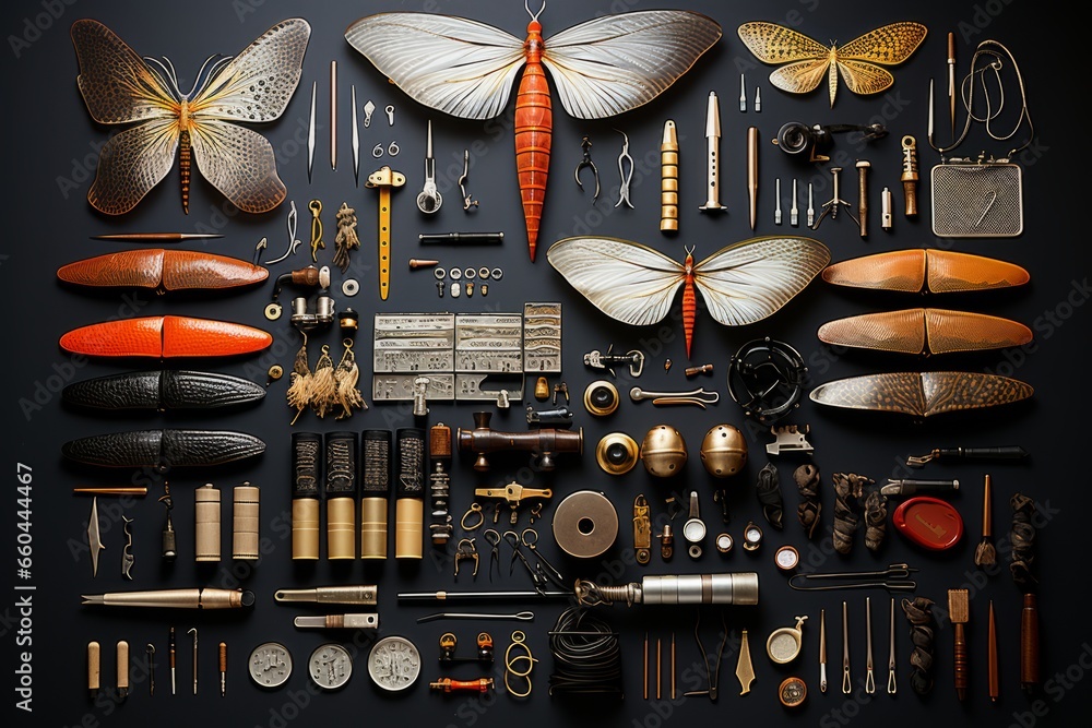 Fishing fly-tying station with feathers, hooks, and tools, showcasing ...