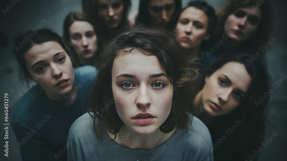 Depressed teenage girl or boy sitting alone surrounded by people ...