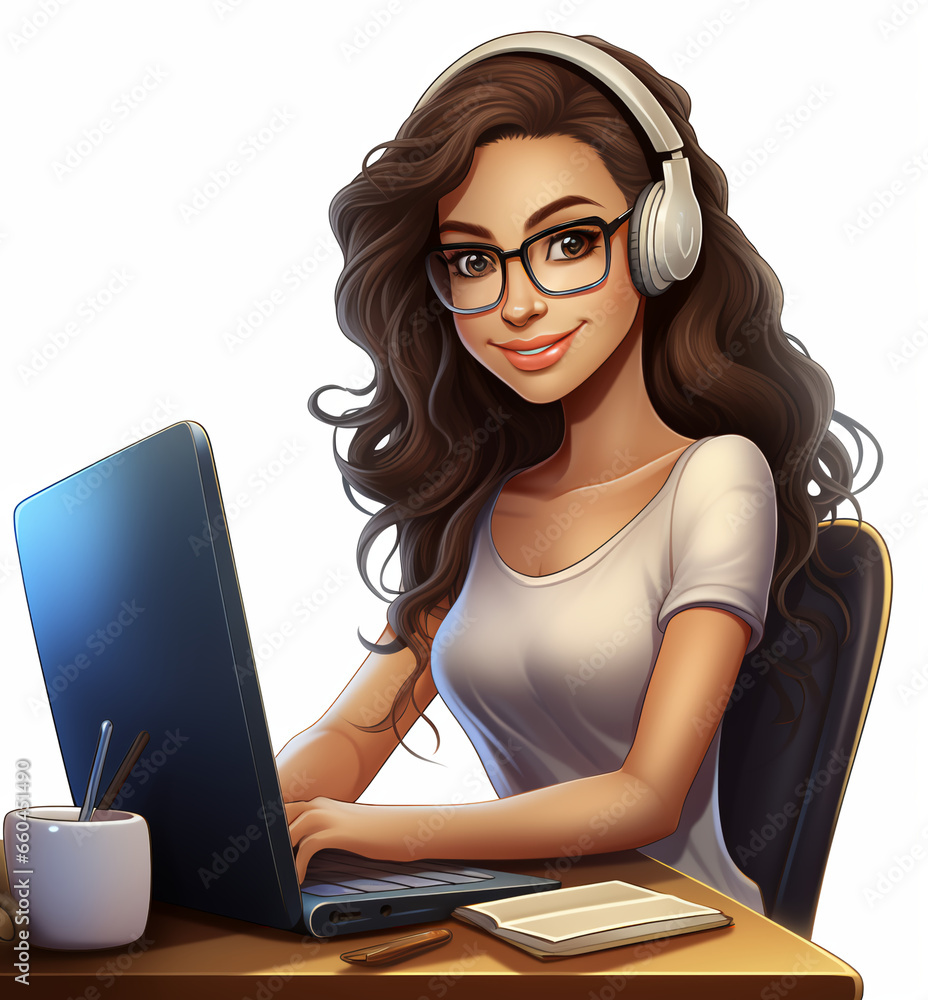 Latina woman in glasses and headphones working with computer laptop at ...