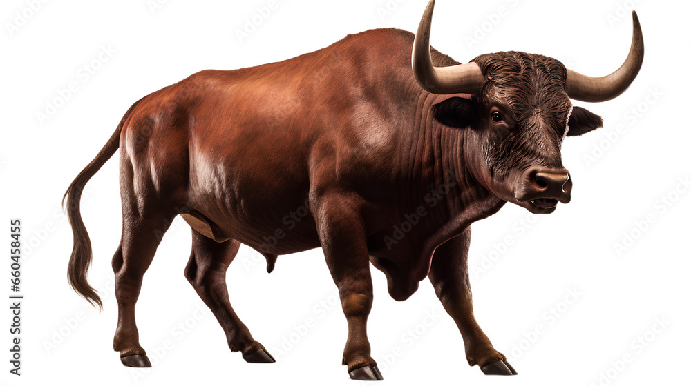 Standing Toro on the floor. brown bull. Side view. Isolated on ...
