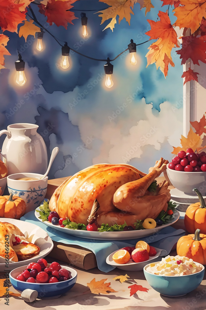 Traditional Thanksgiving turkey dinner, watercolor banner background with copy space, greeting ...