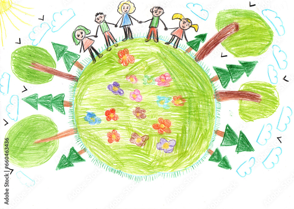 Child drawing of multicultural children holding hands around the world ...