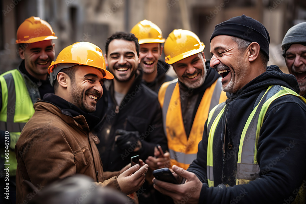 Smiling construction workers looking at a smartphones or a tablet at a ...