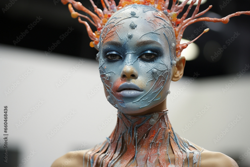 In an art-inspired fashion show, a model in avant-garde makeup and ...