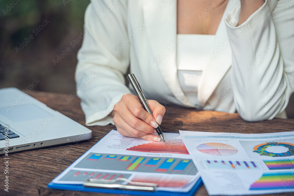 Hand woman and measuring tool work on table with many data analyst ...