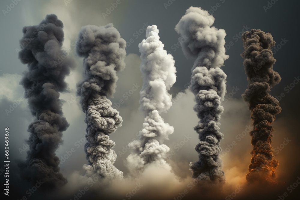Four distinct renders of thick smoke column resembling volcanic ...