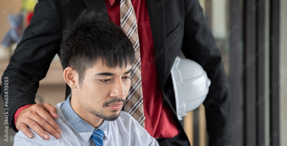 Banner of Boss manager touch shoulder for encourage counseling employee ...