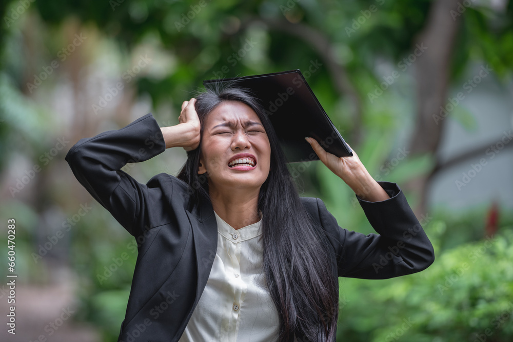 Angry Cry emotional woman in black suit screaming in green garden ...
