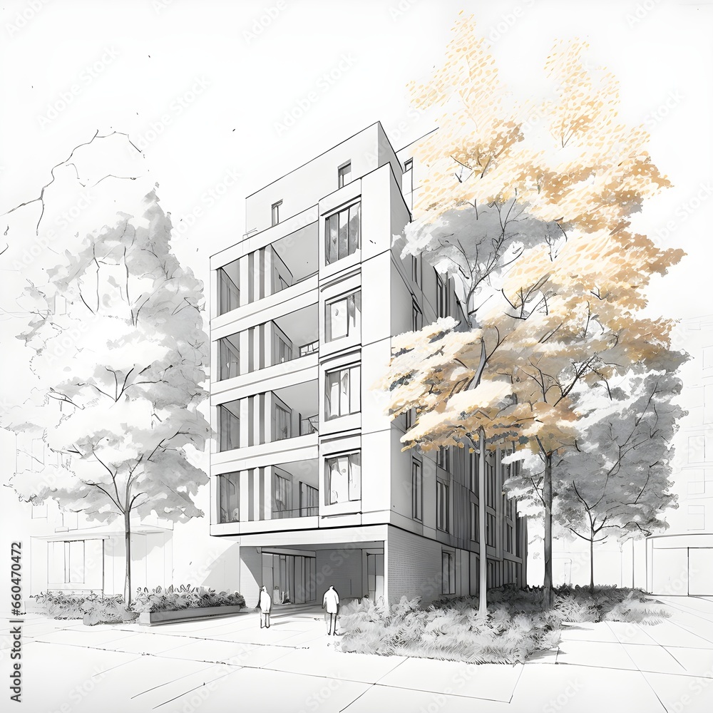 line drawing of 4 storey modern apartment building in leafy urban ...