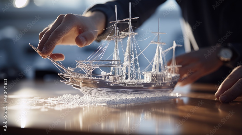 Silver filament 3D printer producing a model boat captured up close ...