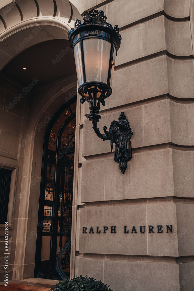 Street lamp and historic facade of Ralph Lauren famous boutique in ...