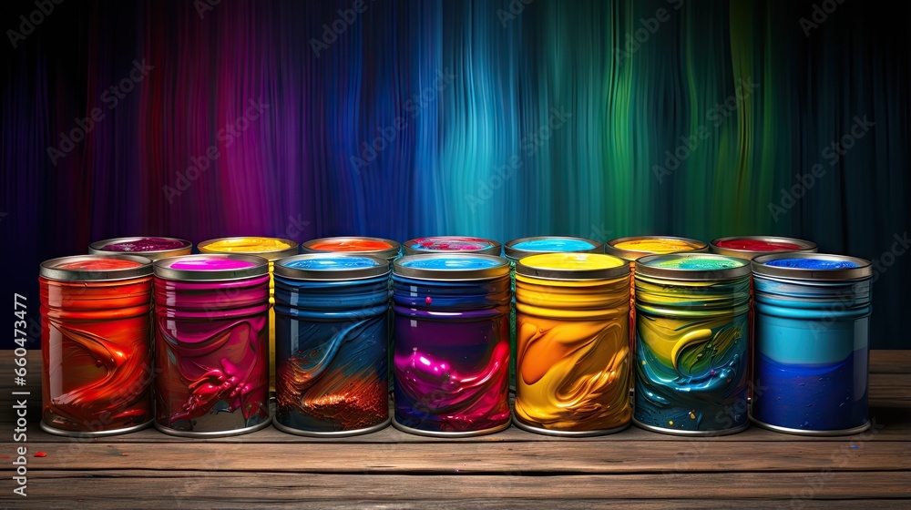 Rainbow colored cans of paint and a brush symbolizing creativity and ...