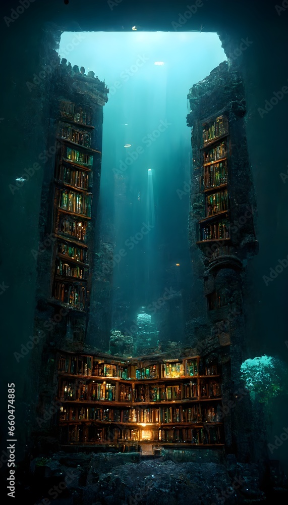 minecraft style underwater world of Atlantis library interior building ...