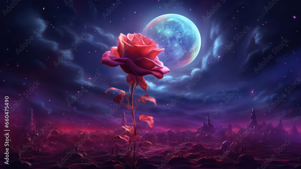 Beautiful big red rose under the moon at night background, decorative ...