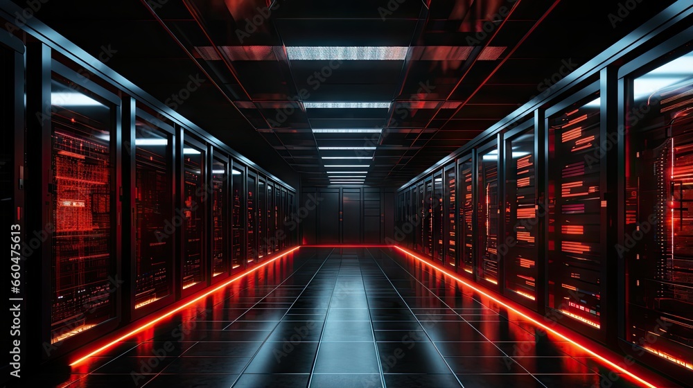 Wide angle view of a functioning data center with rows of server racks blinking emergency LED ...