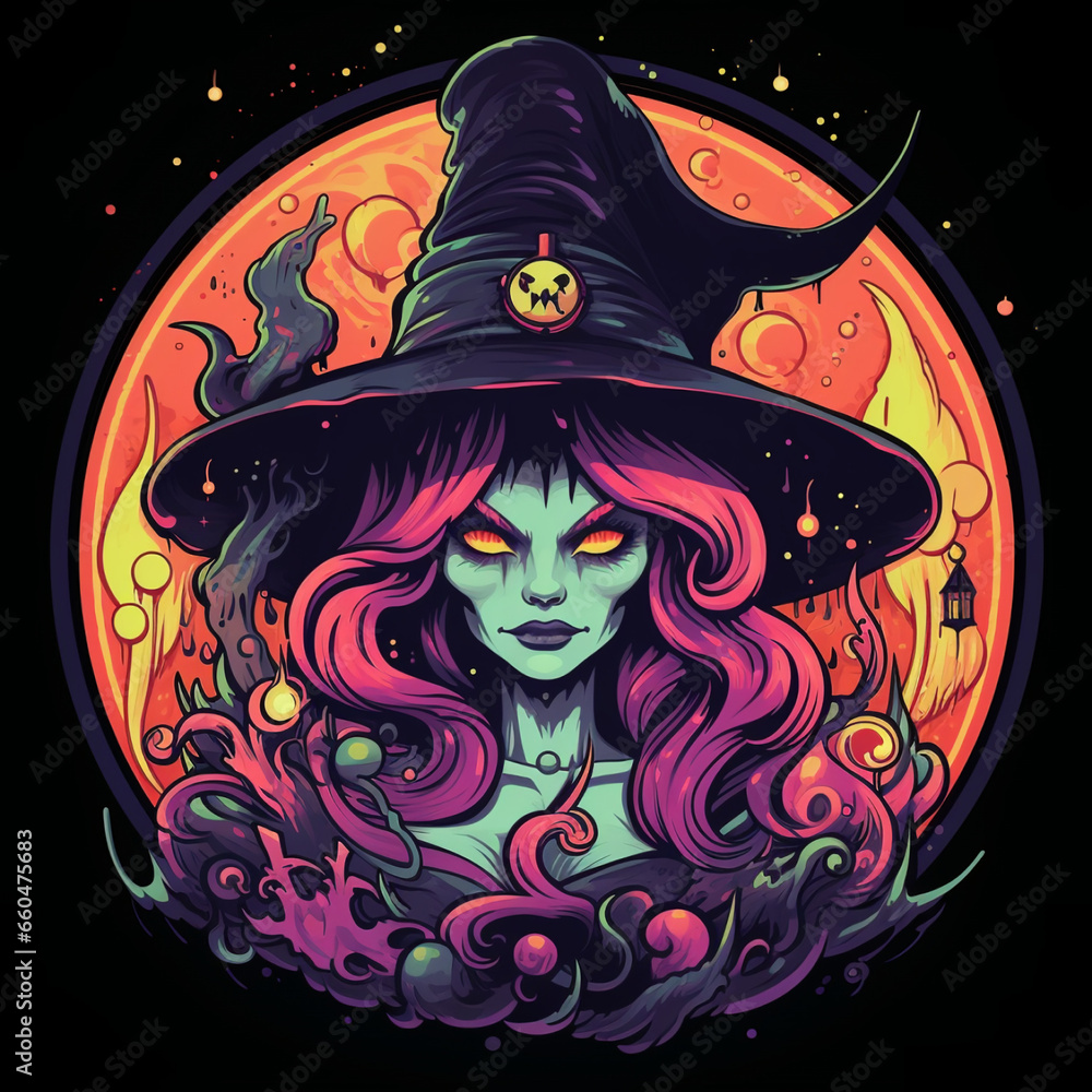 vector graphics of a multi-colored witch on a black background, Al ...