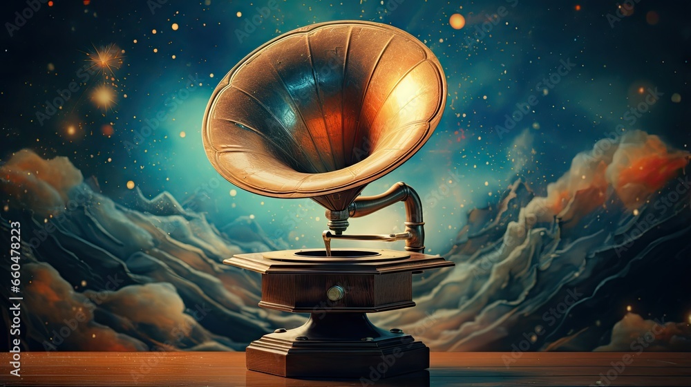 Vintage style poster featuring a conceptual image of a retro gramophone ...