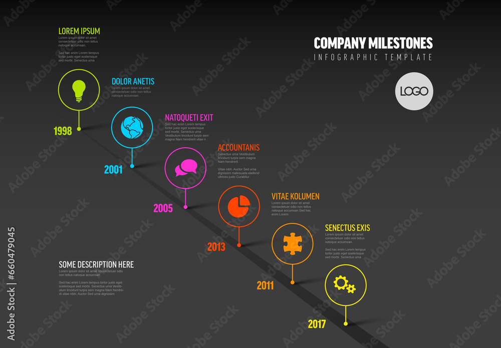 Vector dark Infographic Company Milestones Timeline Template with ...