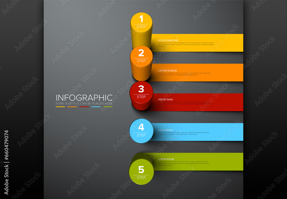 Dark minimalistic five vertical steps template with cylindric circle ...
