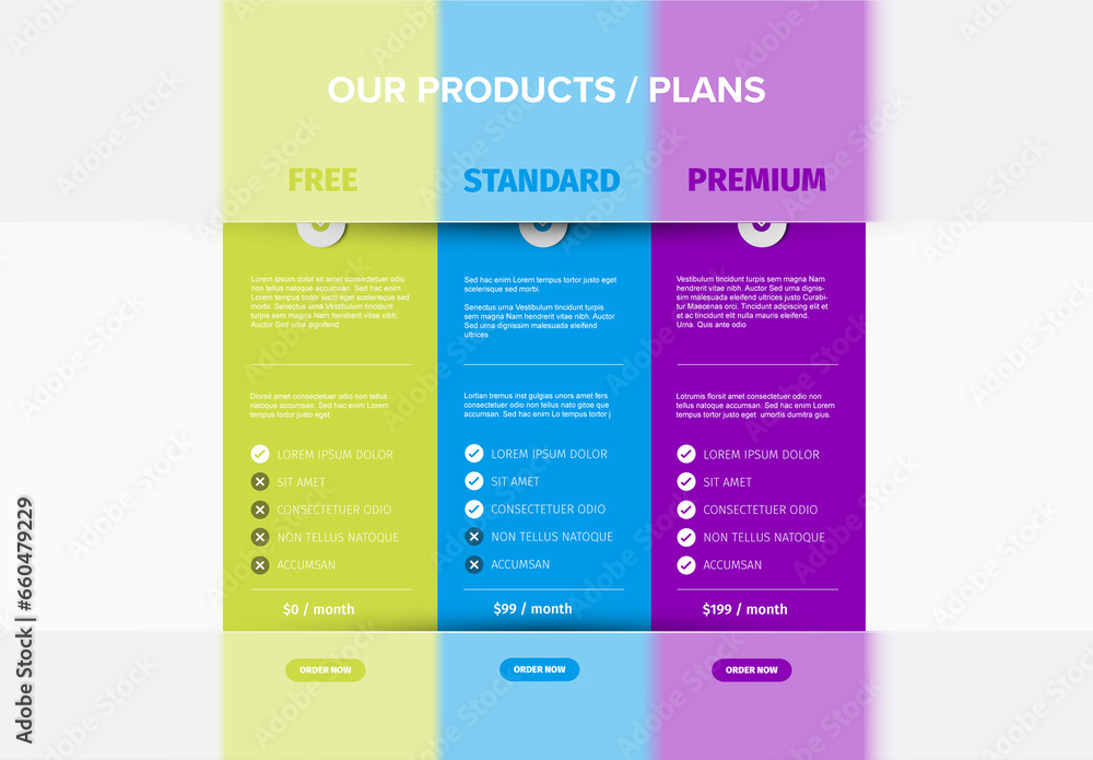Three products cards features light schema template with glassy blocks ...