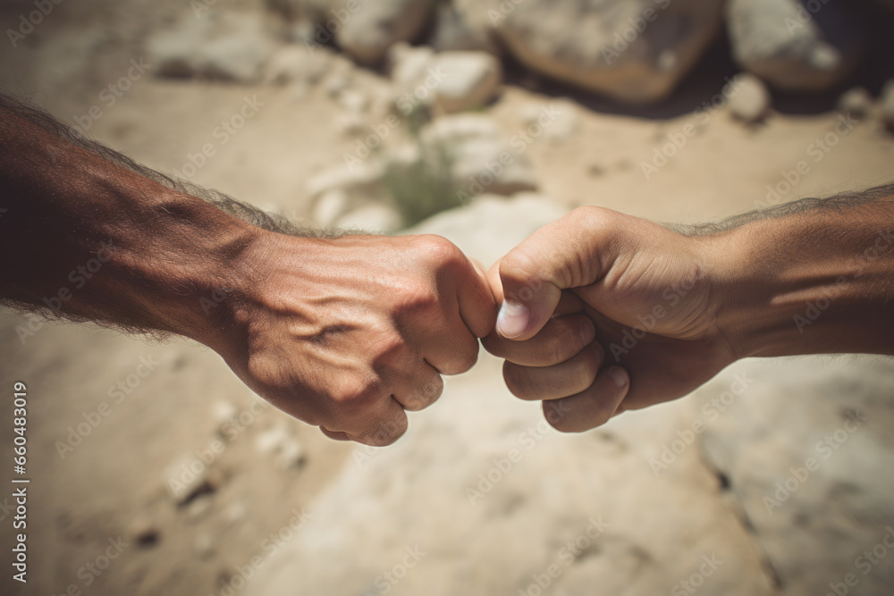Two men fist-fighting against each other against a rocky backdrop ...