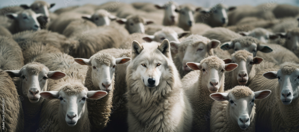 A wolf hiding among a flock of sheep, leading the way or waiting for the right moment to act ...