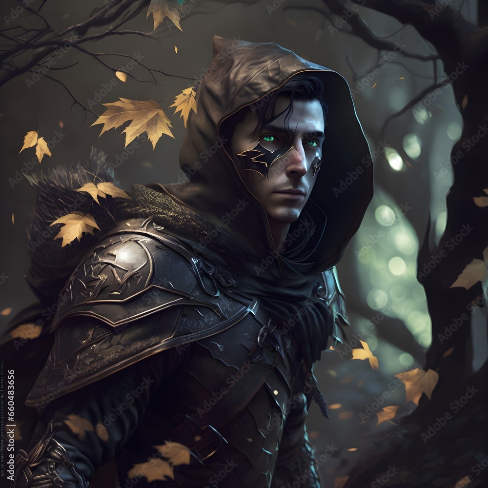 Dimlylit forest Male ranger elf grayskinned black hair black eyes ...