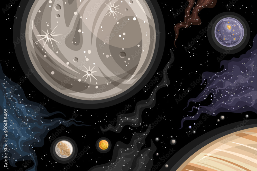 Vector Fantasy Space Chart, astronomical horizontal poster with cartoon ...