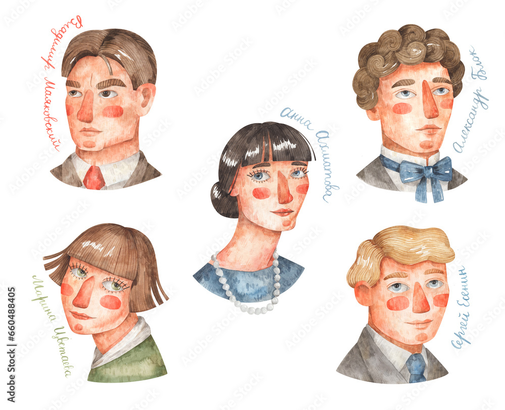 Watercolor portraits of Russian poets of 20th century. Hand-drawn ...