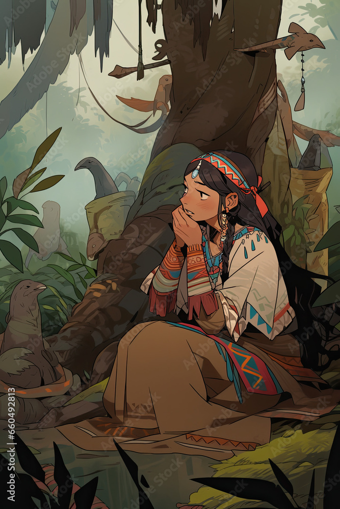 native american girl in the nature shamanism cartoon - by generative ai ...