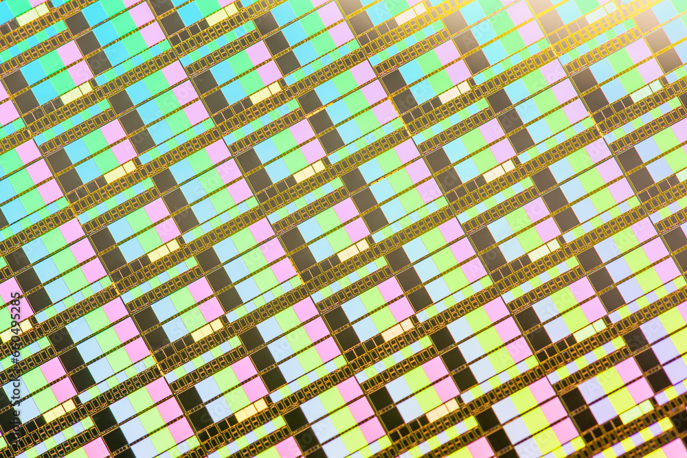 A pattern of microprocessor circuits on a silicon wafer. The ...