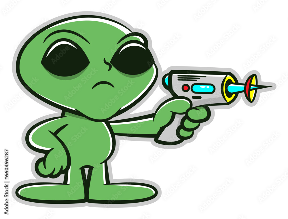 Cartoon illustration of Little Alien using blaster gun to invasion the ...