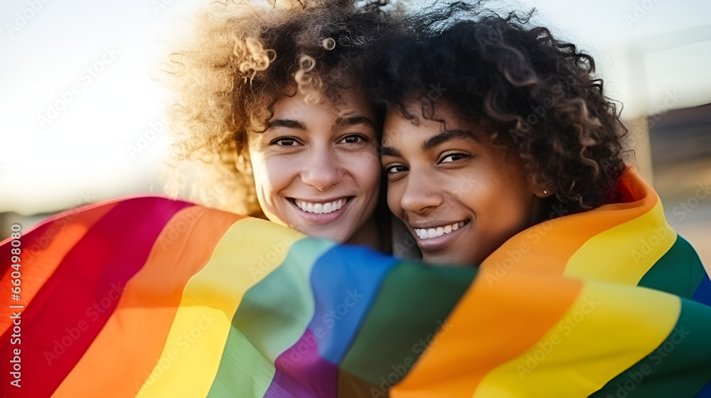 Joyful women in a loving embrace, holding a vibrant rainbow flag ...
