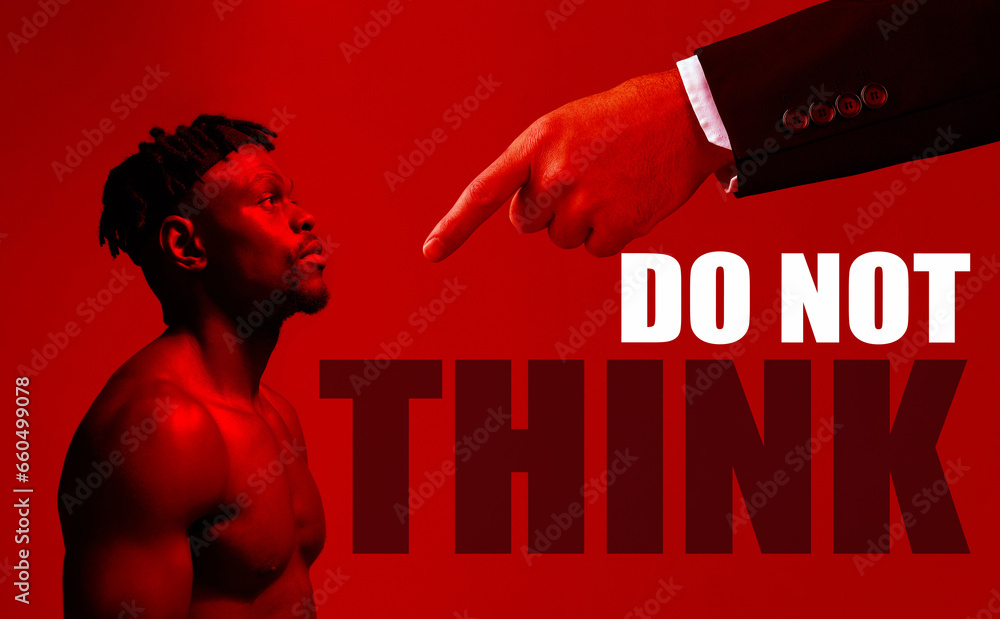 Manipulation, control or oppression and a black man on a red background ...