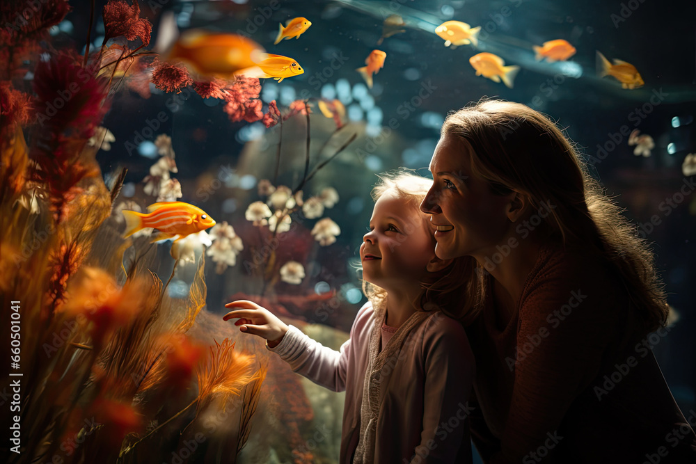 Mom and daughter enjoy visiting the aquarium and watching the marine ...