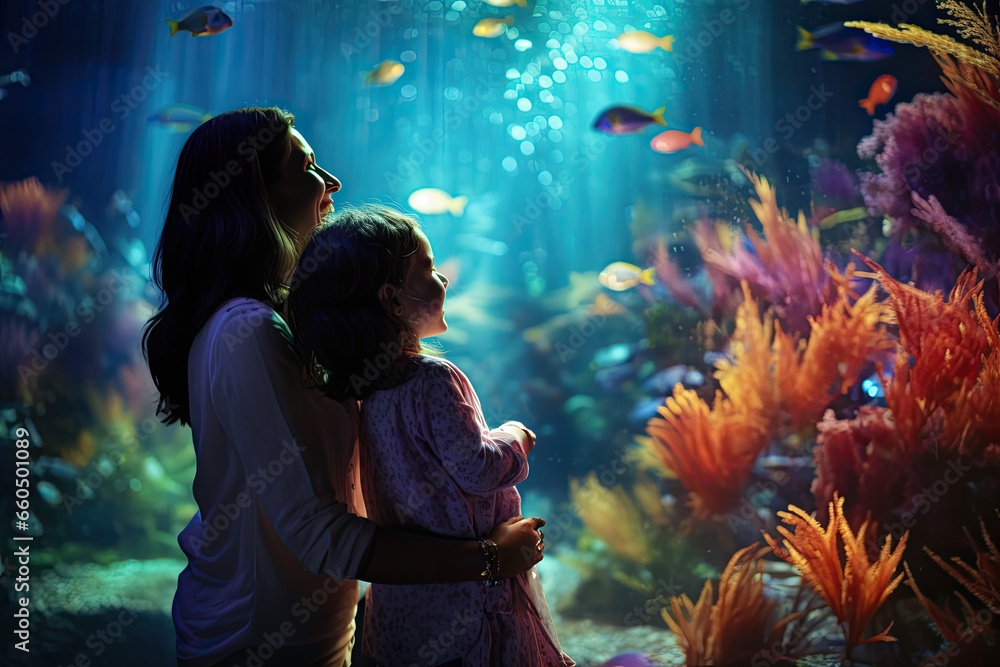 A mother and child enjoy a visit to an aquarium where they are ...