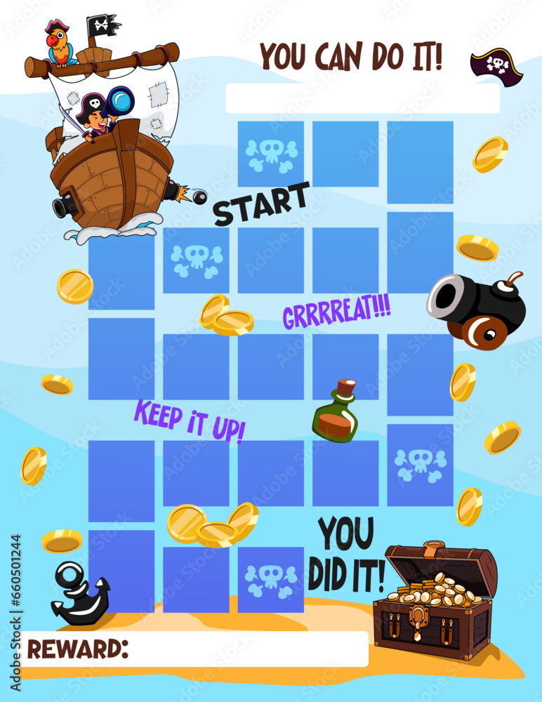 Reward chart for boys. Pirate ship. Table of behavior and routine work ...