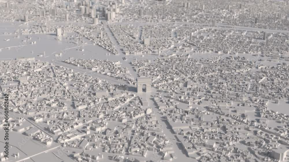 White 3D model of Paris with the Arc de Triomphe with rotating camera ...