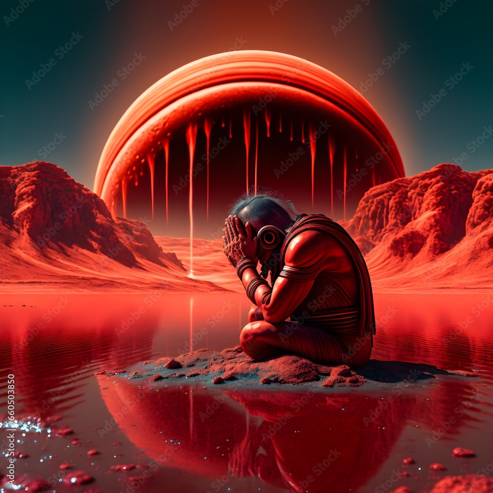 anatomic spiritual man crying red water over saturn landscape hyper ...