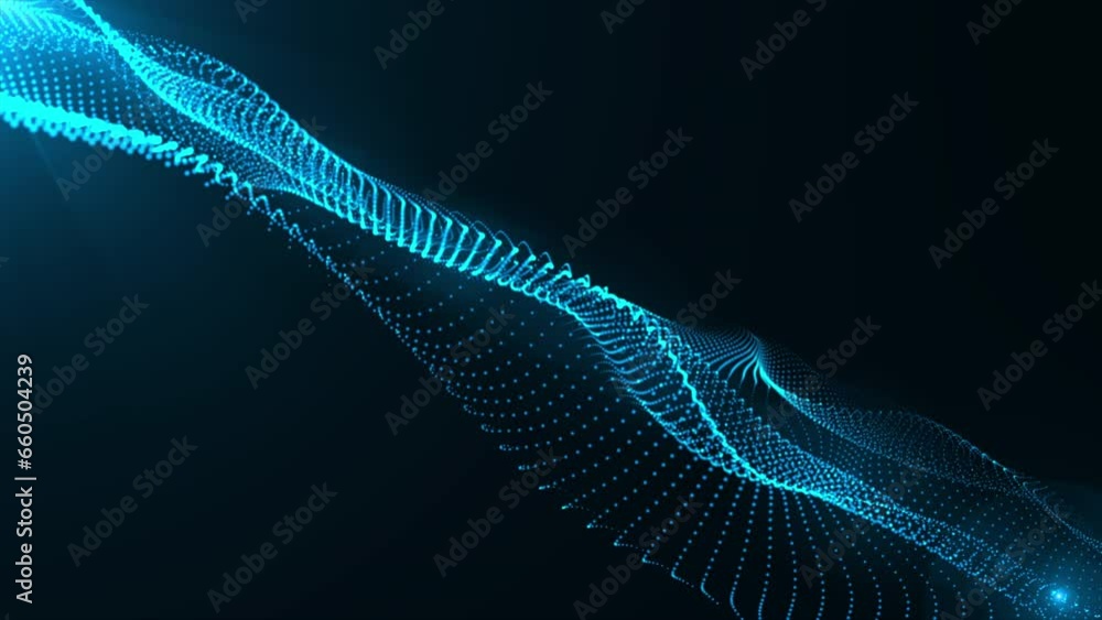 3D animation. Abstract blue digital particles wave and Digital data network connections for a ...