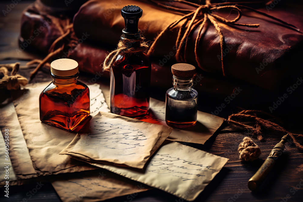 An old-fashioned ink and quill set next to a stack of sealed envelopes ...