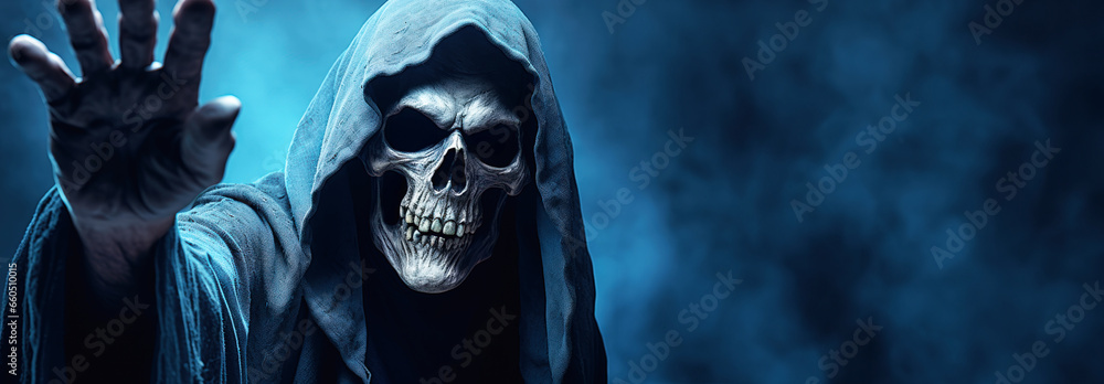 Scary grim reaper death halloween skeleton ghost character with copy ...