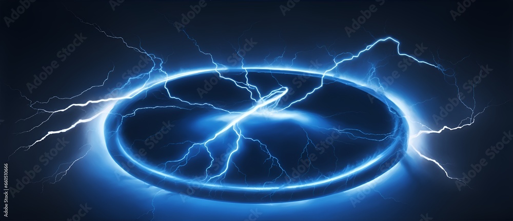 Blue electric lightning voltage sparks on circular motion on the floor ...