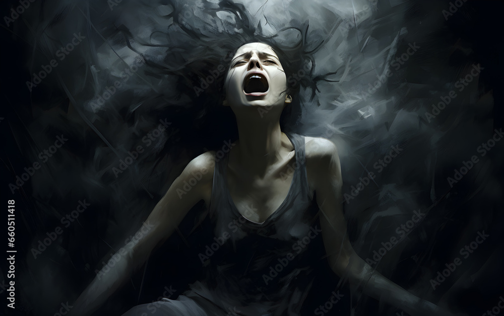 Artistic expression of depression. Dark theme with screaming woman ...
