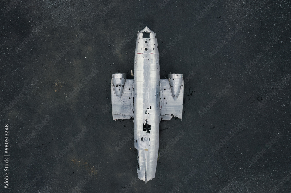 Crashed military DC 3 plane wreck on black sand beach in Iceland Stock ...