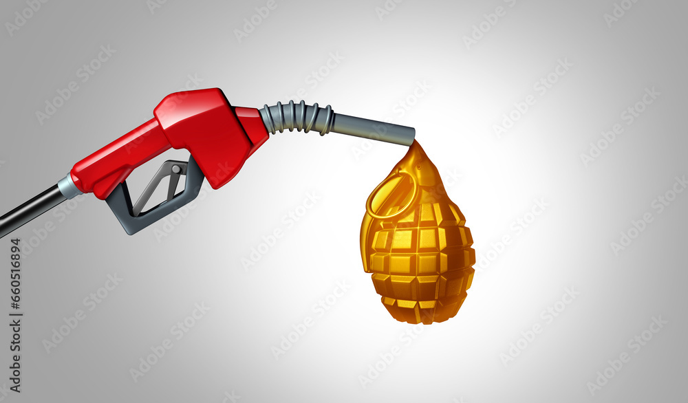 Oil and war as a Gas Pump fueling station representing fuel and ...