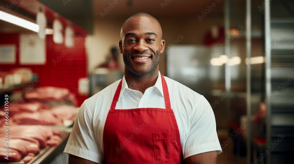 african american male butcher in a uniform red apron stands in a ...