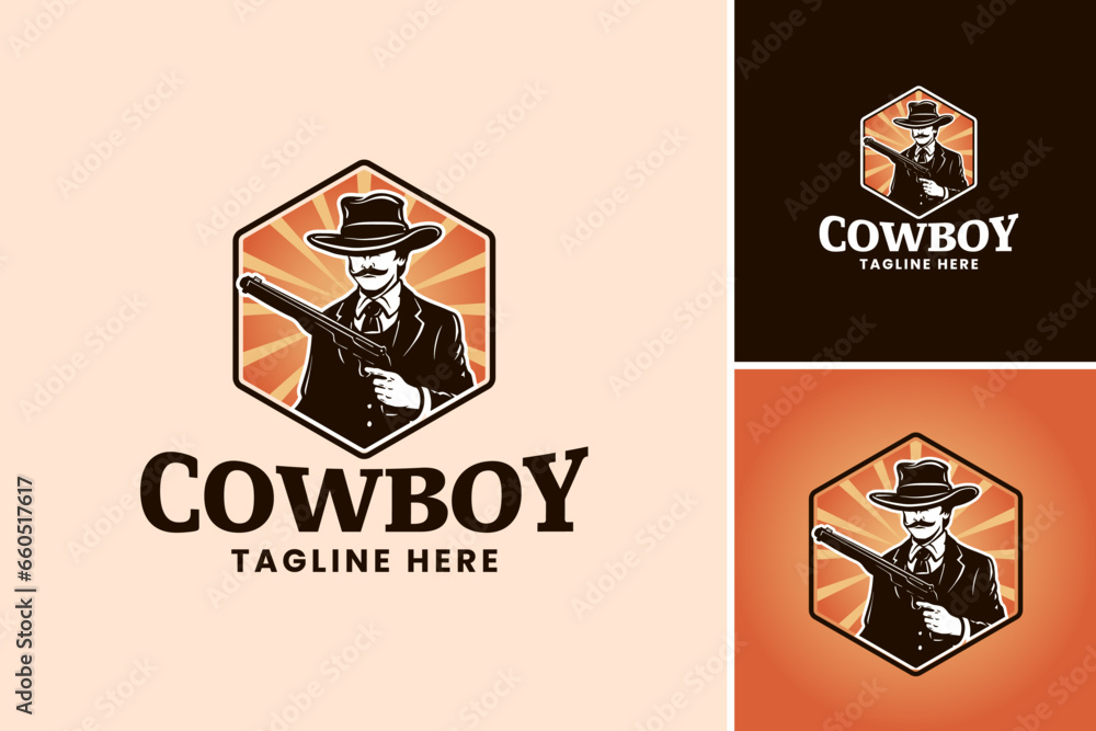 "Cowboy Logo Template with Gun and Sunburst" is a versatile design ...